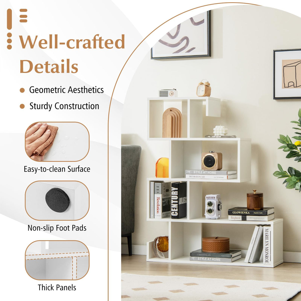 Tangkula S-Shaped Bookshelf, 5-Tier Modern Geometric Stepped Bookcase ...