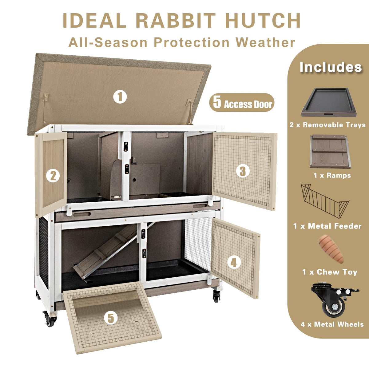Ketive 36" L Rabbit Hutch Indoor with 4 Metal Wheels, 2-Story Wooden B ...