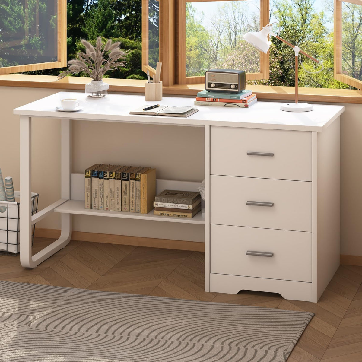 White Desk with Drawers, Small Desk for Bedroom, 47 Inch White Desk wi ...