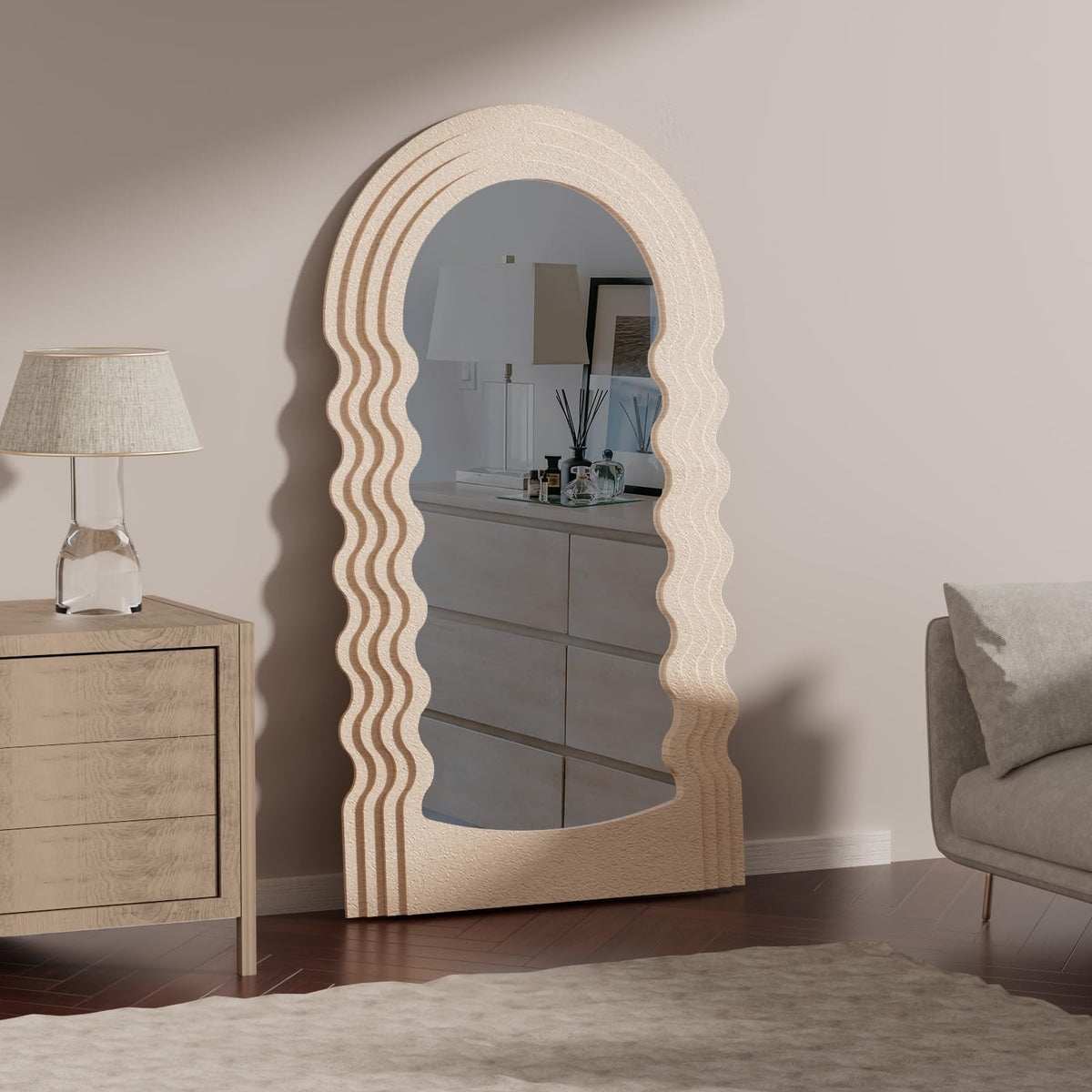 72x40" Arched Floor Mirror Freestanding, Wavy Mirror Oversized Floor S ...