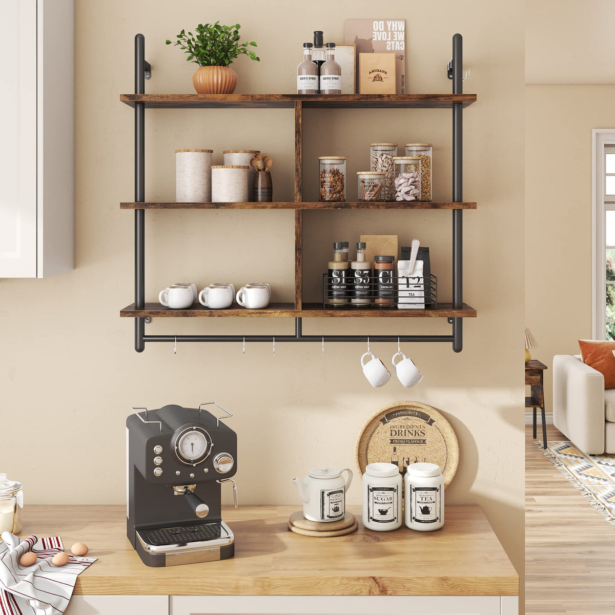 Floating Pipe Shelving Kitchen Shelves 3 Tier & 2 Tier Bundle, Rustic ...