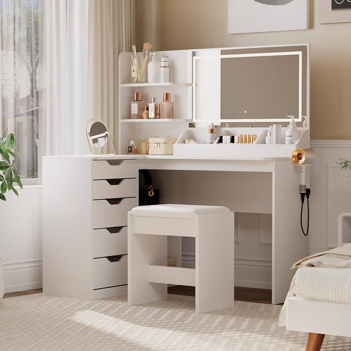 L Shaped Vanity Desk Set with LED 3 Color Lighted Mirror&Power Outlets ...