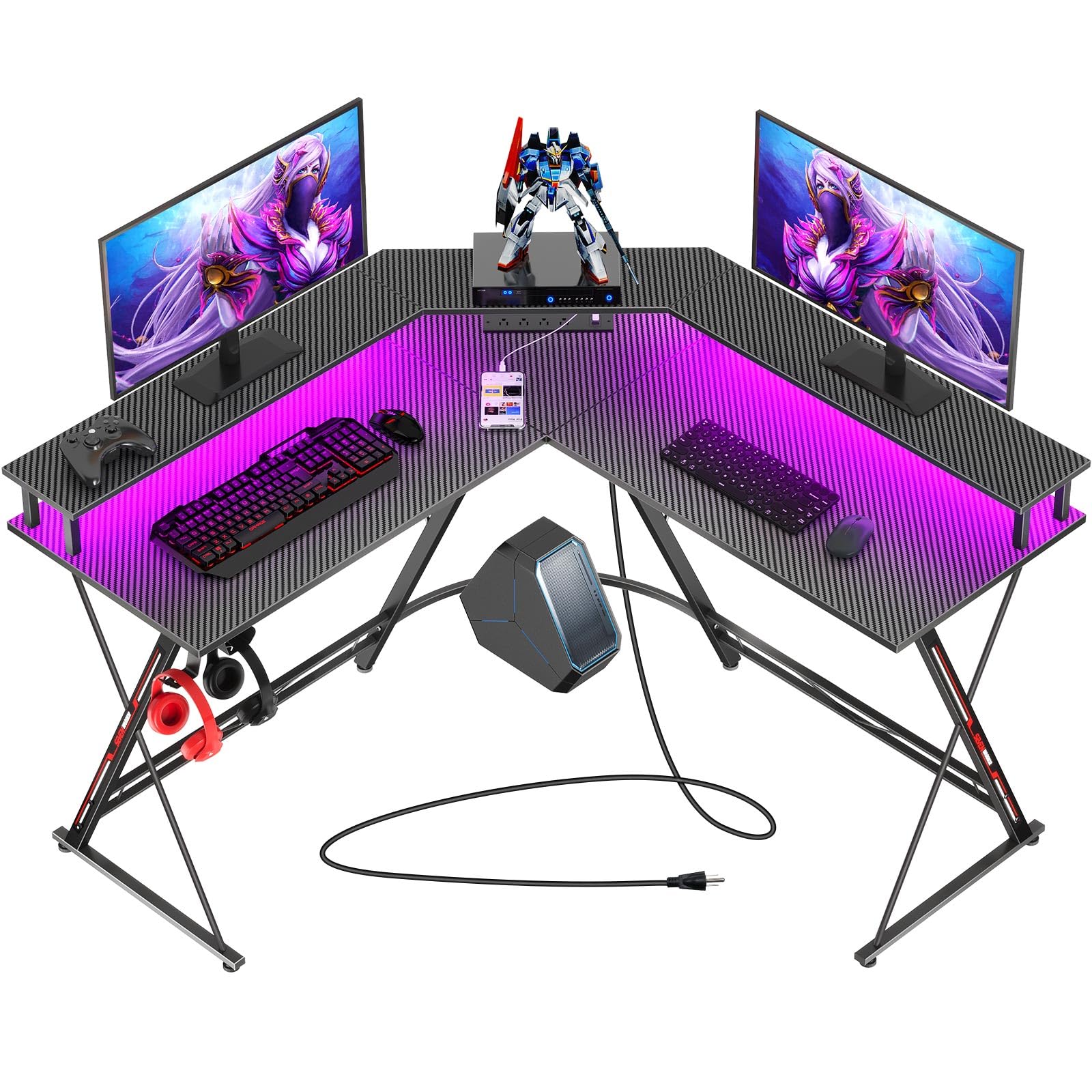 L Shaped Gaming Desk with LED Lights & Power Outlets, 50.4” Computer D ...