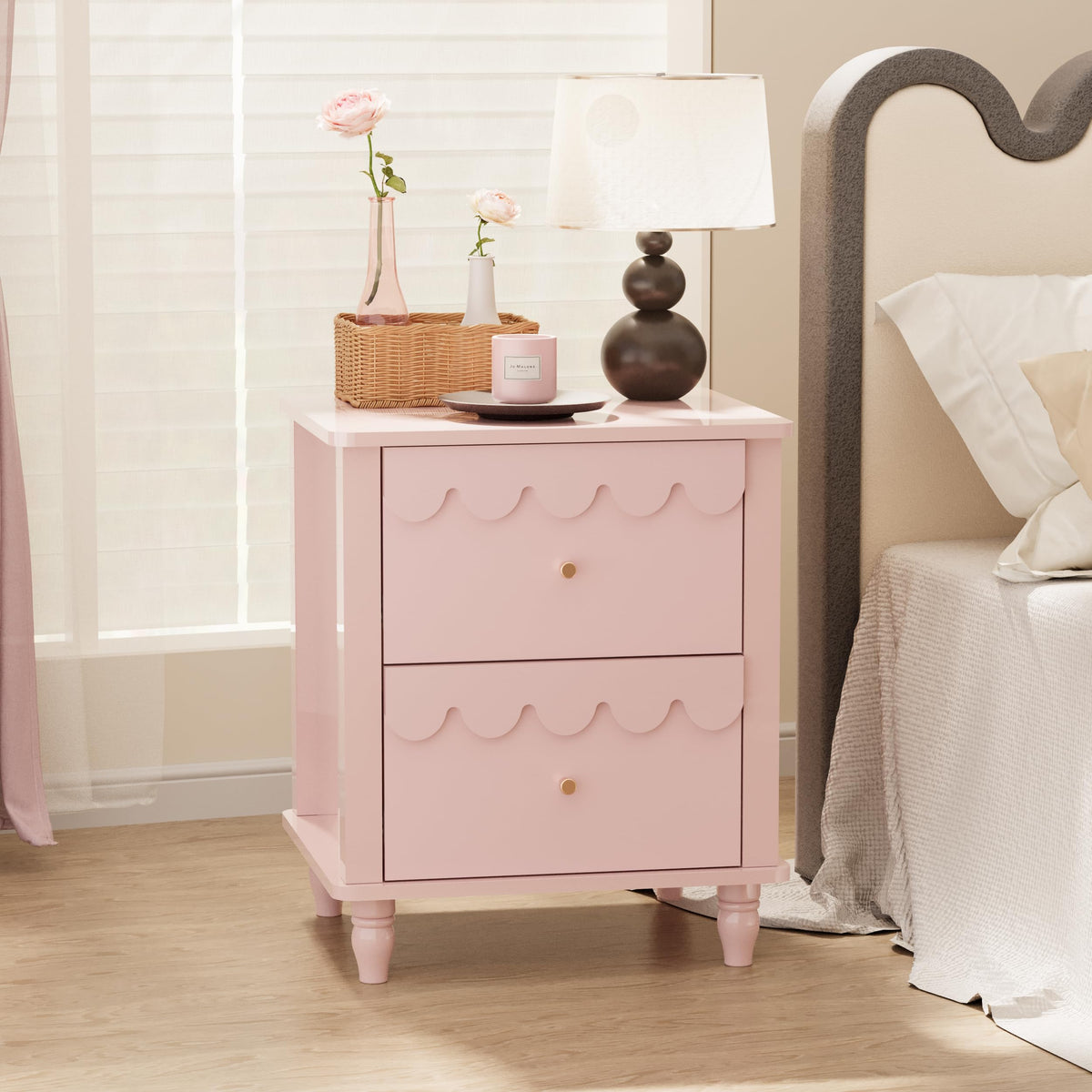 Pink Nightstand Side End Table with 2 Drawers, Modern Night Stand with ...
