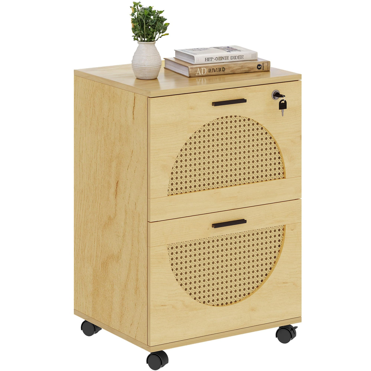 2 Drawer File Cabinet with Wheels, Rattan Filing Cabinet with Lock, Ho ...