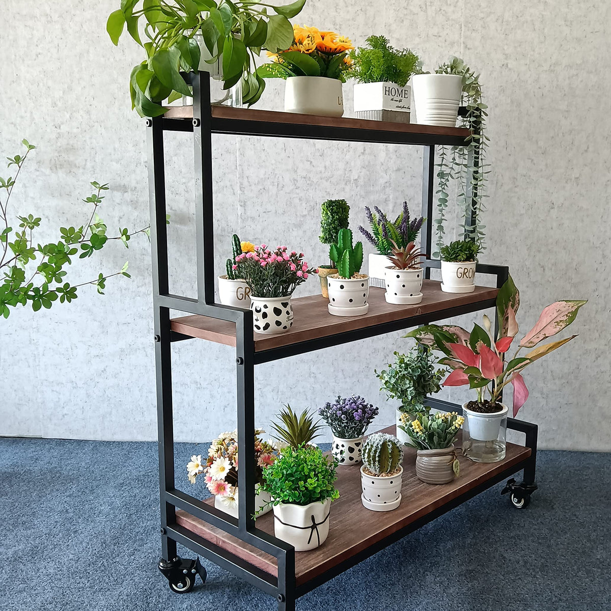 Rustic 3-Tier Rolling Plant Stand with Wheels – Bircata