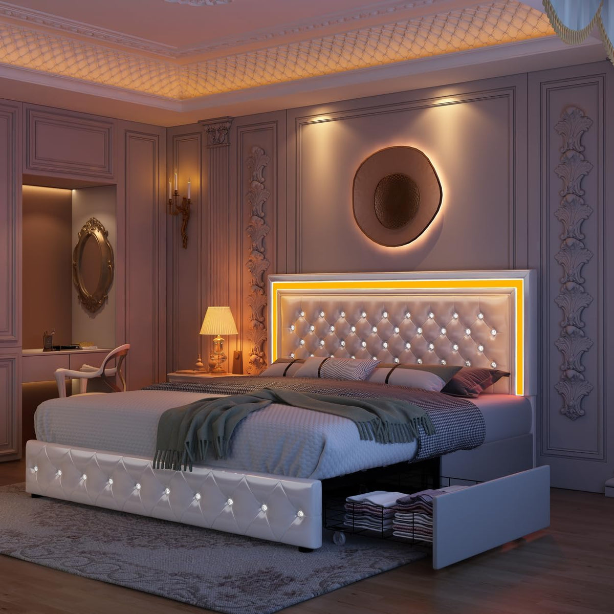 Queen Led Bed Frame with 4 Storage Drawers Adjustable Headboard – Bircata